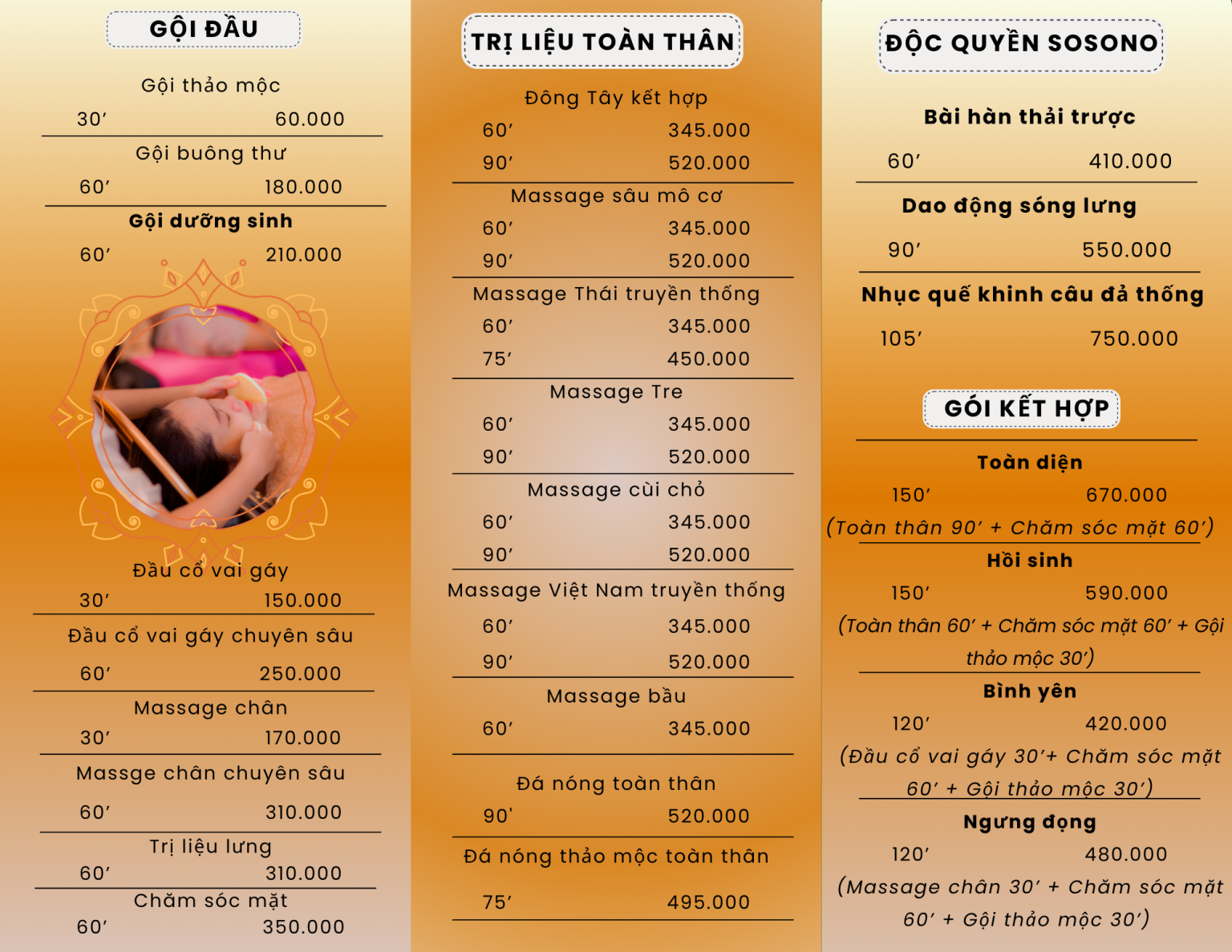 MENU SOSONO SPA (mới nhất) – Sosono Spa